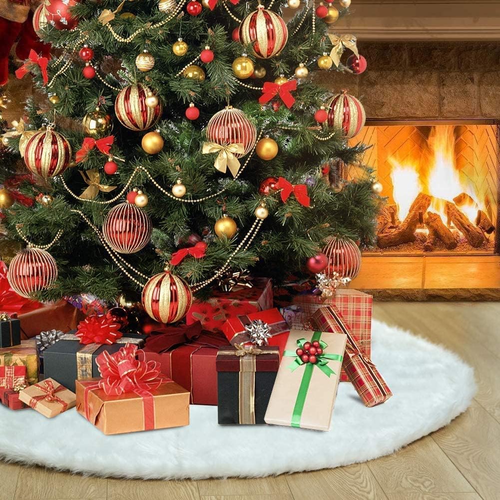 Christmas Tree Skirt, PHITRIC 48 Inches White Faux Fur Tree Skirt for Christmas Tree Decorations, Soft Thick Plush Xmas Tree Mat for Christmas Decor, Holiday Tree Skirts for Artificial Trees