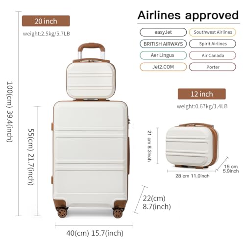 KONO 2 Piece Luggage Sets Lightweight, 20" Carry on Luggage and 12" Mini Cosmetic Cases Hardshell Suitcase Sets, Durable Hardside Suitcase with Spinner Wheels TSA Lock Cream White