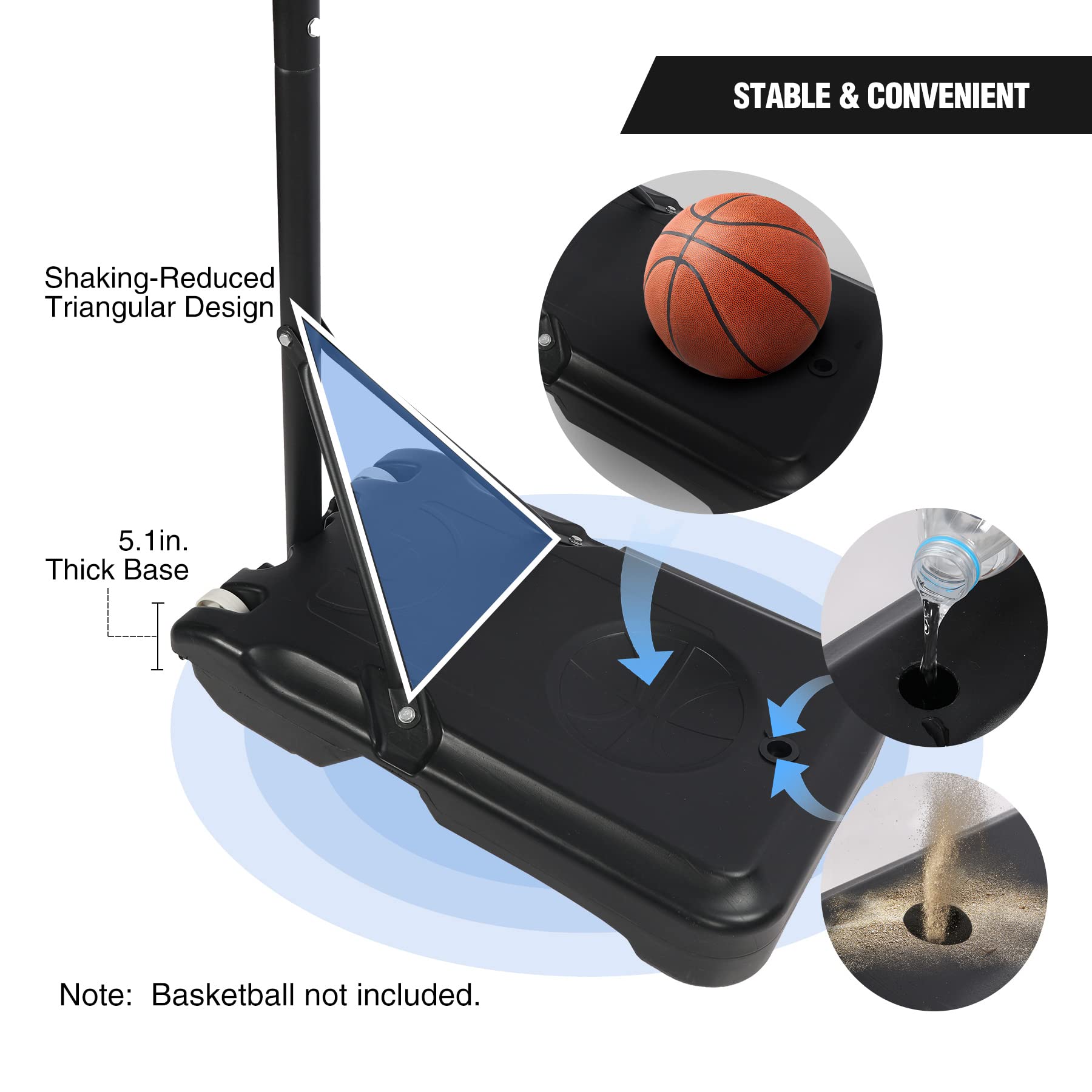 Domaker Adjustable Basketball Hoop Stand Outdoor, 5-7 FT Height Basketball Portable Goal System with Backboard & Wheels, Fillable Base, Easy to Assemble, Black & White
