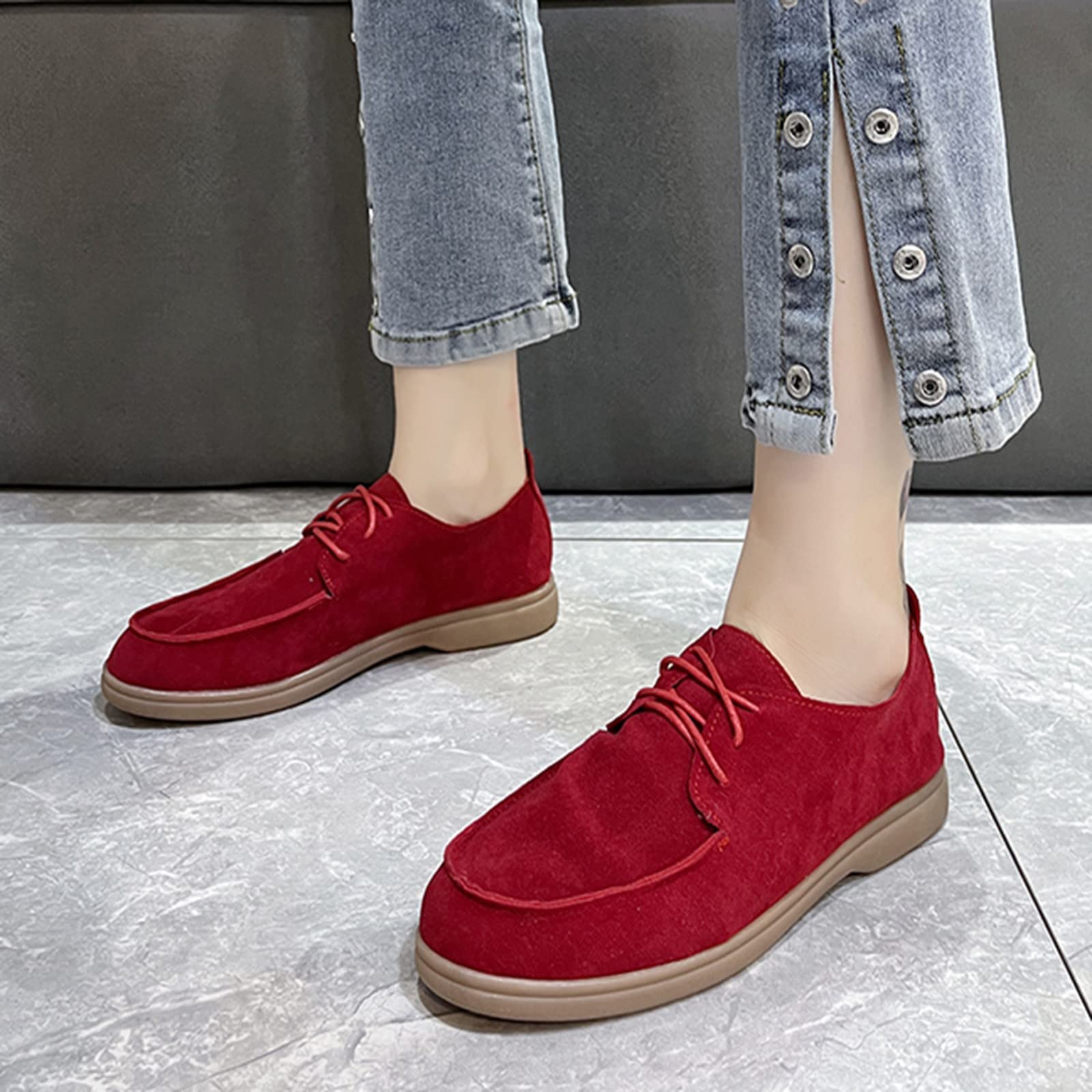 FASDNENDYS Suede Flat Front Lace Up Casual Flock Single Shoes Causal Shoes Women's Rain Boots Size 10 Red