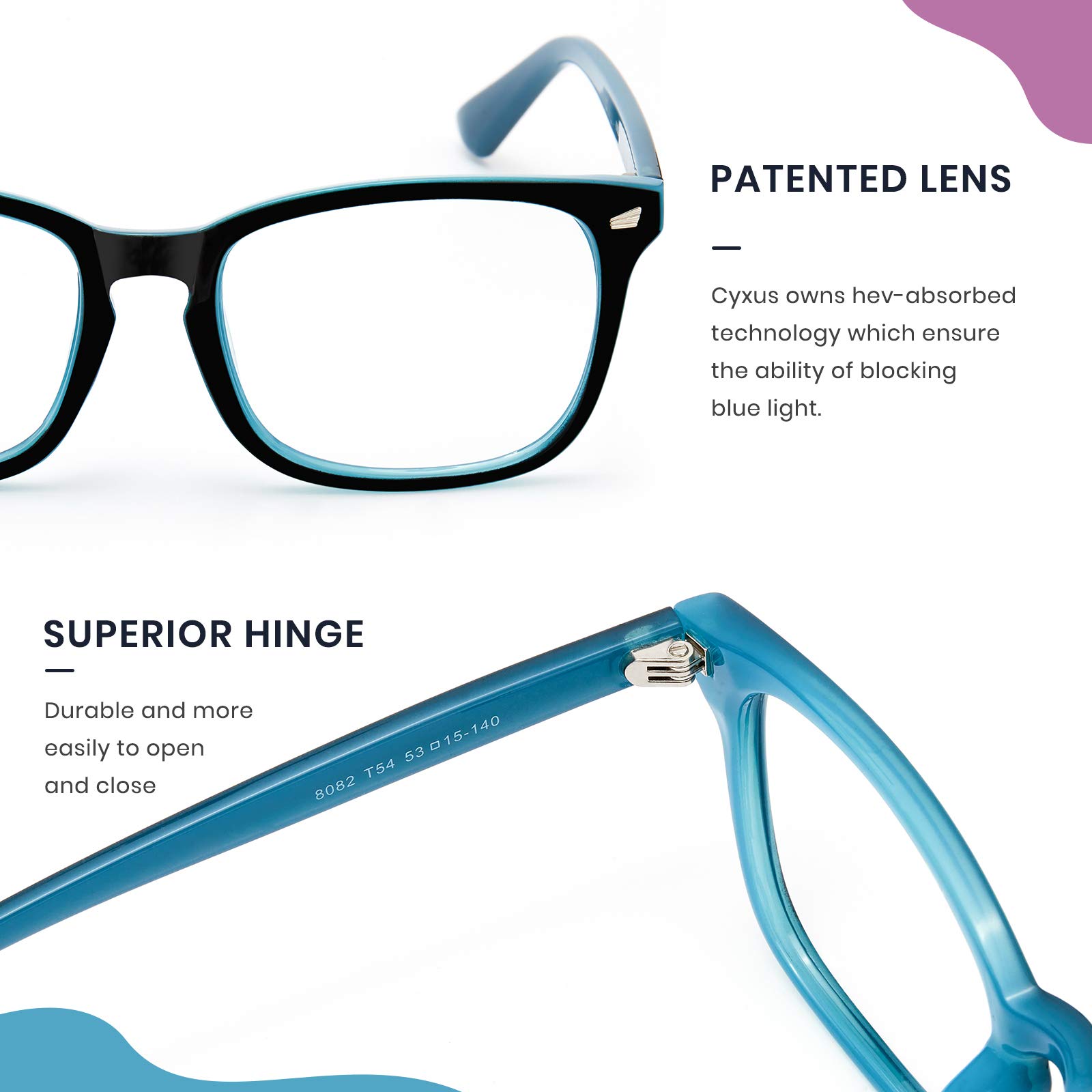 Cyxus Blue Light Glasses Men Women Reduce Eye Strain UV Blocking for Computer Screen (8082T54 Outer Black Inner Blue)