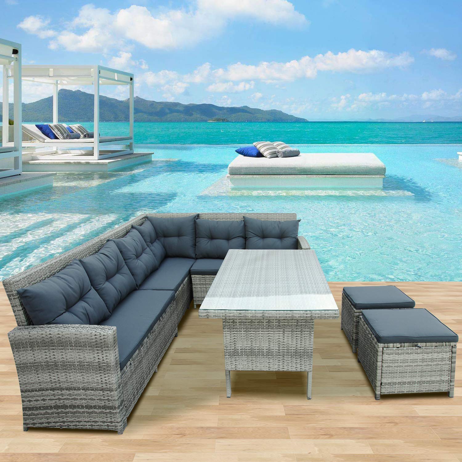 Merax Patio Dining Sets, PE Rattan Sectional Outdoor Patio Furniture Wicker Sofa with 2 Stools, Tempered Glass Table & Cushions, Grey+Dark Grey