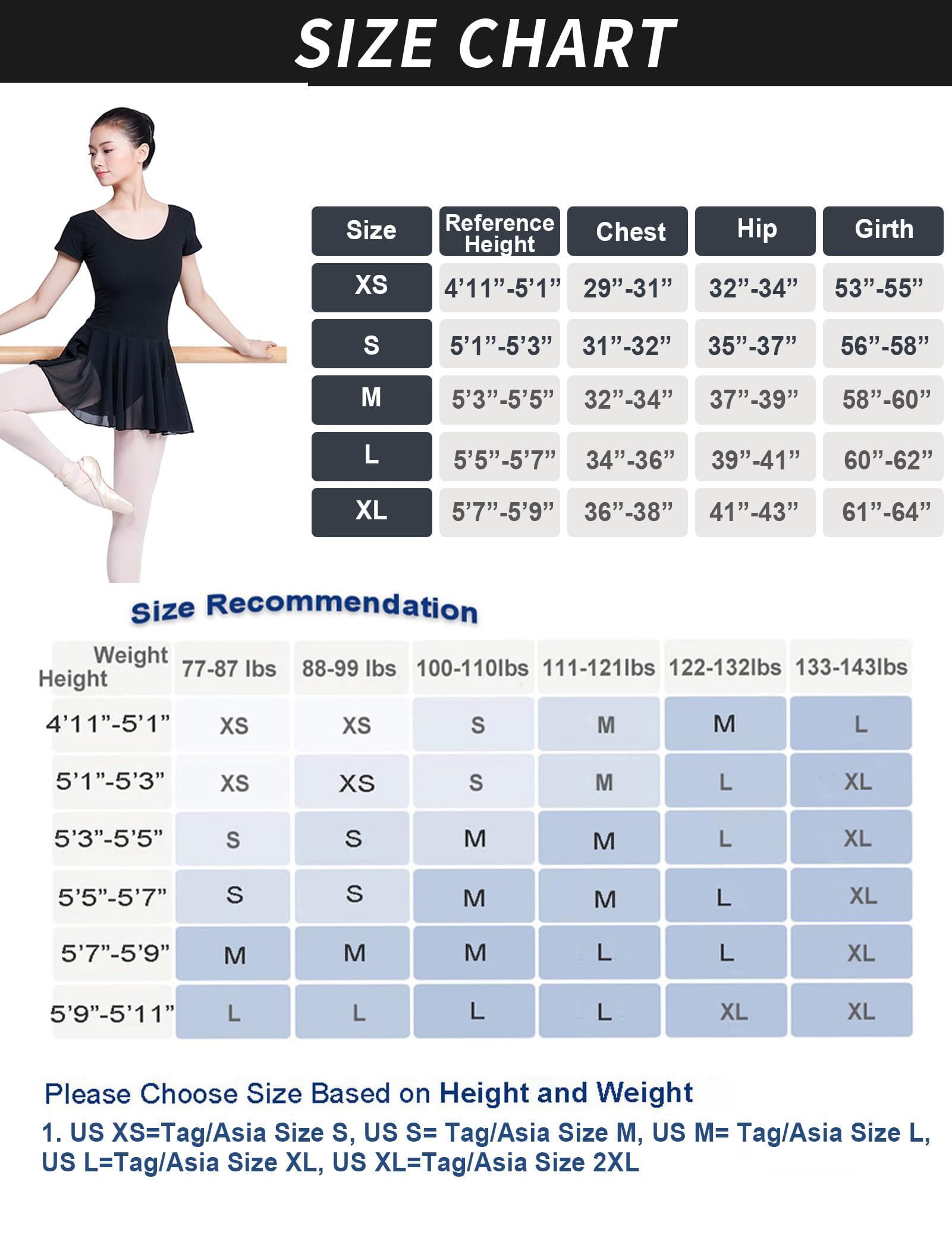 Daydance Black Women's Ballet Leotards Skirted Dance Costumes for Ballerina