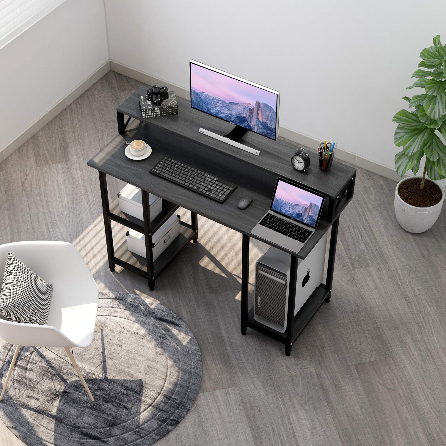 Computer Desk with Shelves - Writing Study Desk with Monitor Stand Shelf/Bookshelves/CPU Stand,Modern Study Table Stable Metal Frame Student Desk for Small Space Home Office Workstation(Black)