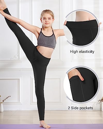 Stelle Girls Athletic Active Dance Tight Legging Pants with Pockets for Running Yoga Workout (Black (2 Side Pocket), 8-9 Years)