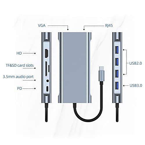 ERYUE Type-C 11-in-1 Hub Aluminum Alloy Shell with USB2.0 USB3.0 HD VGA PD RJ45 Ports SD TF Card Slots 3.5mm o Interface