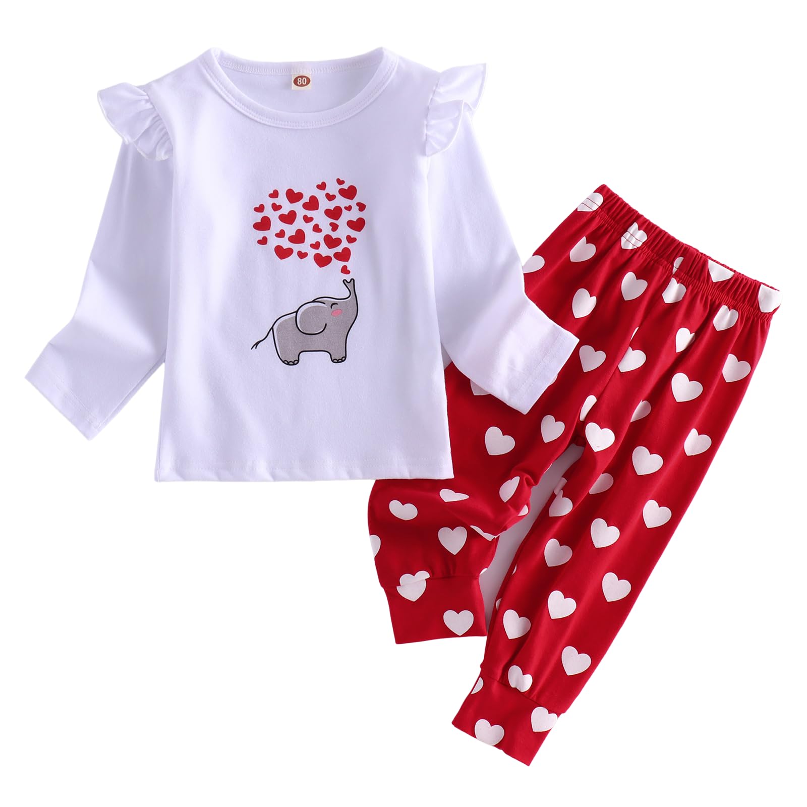 Ritatte Toddler Infant Baby Girl Clothes Outfits Valentine Heart Print Warm Long Sleeve Sweatshirts Pants Set Fall Winter 1-6T (Red-Elephant, 4-5 T)