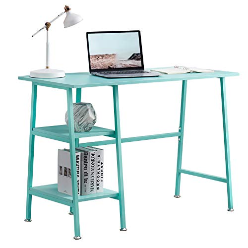 VECELO 43 Inch Computer Writing Home Office with 2 Tier Storage Shelves,Adjustable Feet/Waterproof,Simple Workstation, Blue Desk, 43"