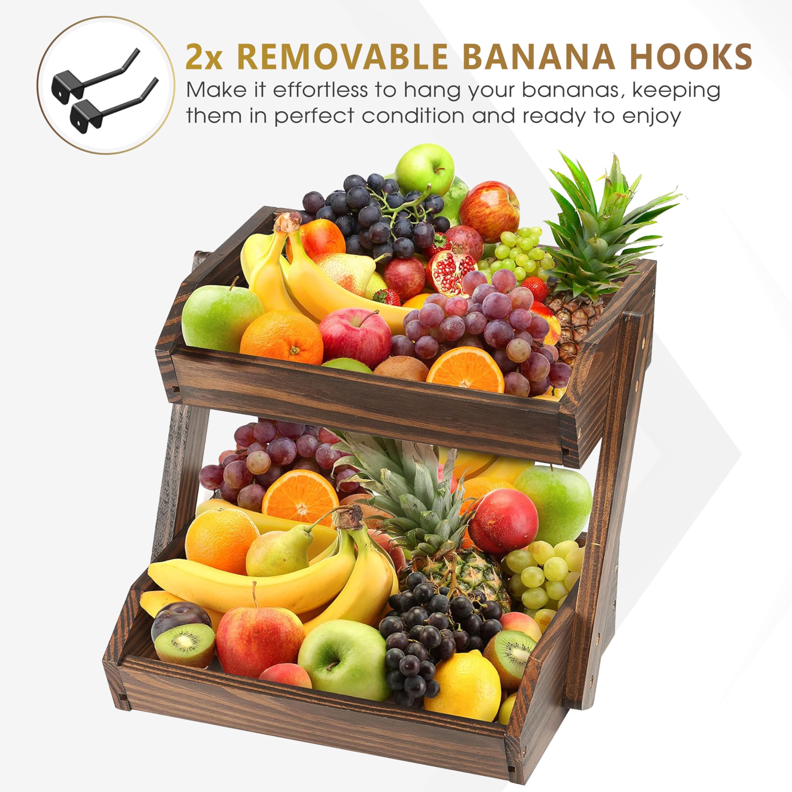 NAGAWOOD Large Capacity 2-Tier Wooden Fruit Basket, Durable Acacia Wood, 10.5" Tall, Spacious for Produce, Vegetables, Bread Storage and Home Kitchen Countertop