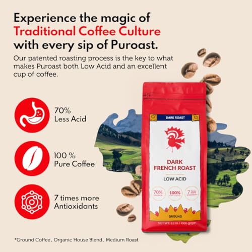 Puroast Low Acid Coffee , Ground Coffee , French Roast , Dark Roast , Certified Low Acid Coffee , pH 5.5+ , Gut Health , 2.2 LB , Higher Antioxidant , Smooth for Espresso, Cold Brew & Iced Coffee