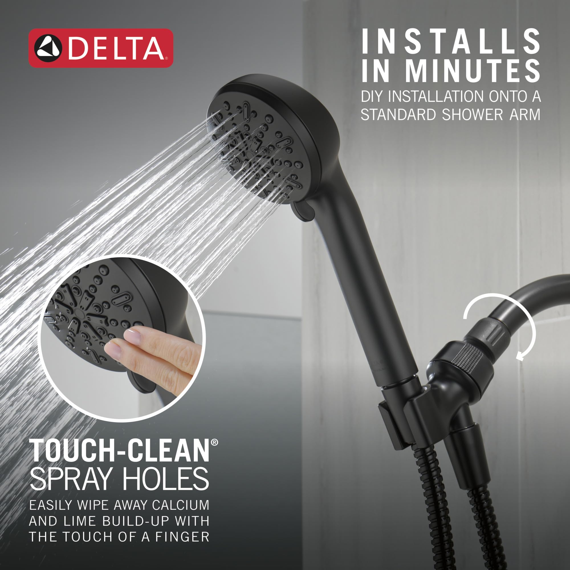 Delta Faucet 4-Setting Handheld Shower Head, Black Shower Head with Hose, Showerheads & Handheld Showers, Handheld Shower Heads, Detachable Shower Head, Hand Shower 1.75 GPM, Matte Black 75413BL