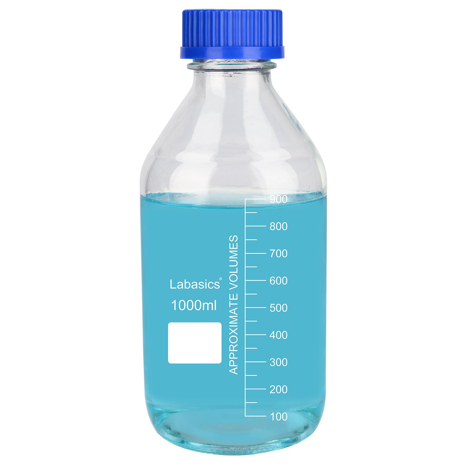 Labasics Round Media Storage Bottles with GL45 Blue Screw Cap, Glass Clear Wide Mouth Graduated Round Reagent Media Storage Lab Glass Bottle, 1000 ml