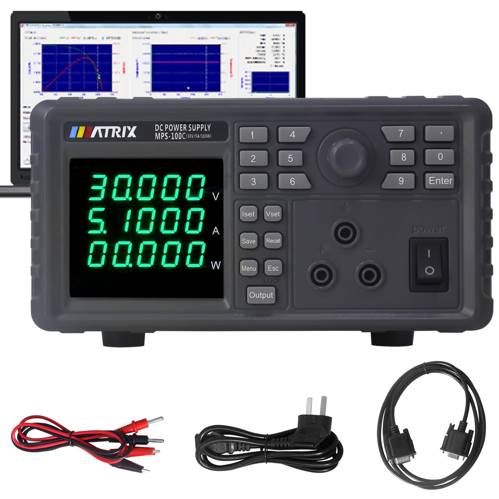 MATRIX DC Power Supply Variable 30V 5A with RS-232/485 Interface, List Sequence Programmable DC Power Supply MPS-100C, 1mV 0.1mA High-Resolution Linear Bench Power Supply with 9 Sets Storage