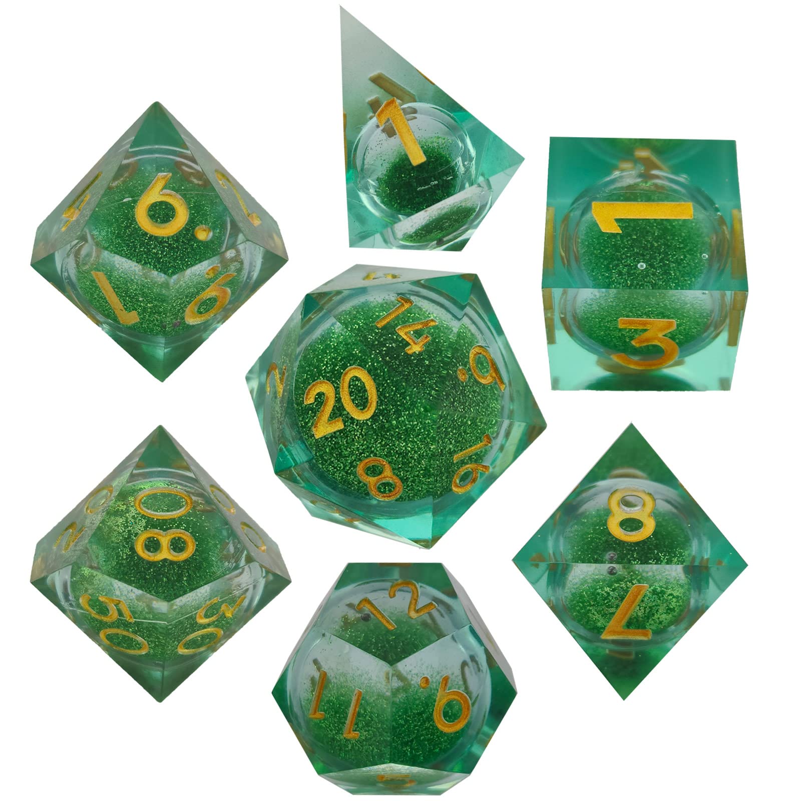 Dice Set - Polyhedral Dice TRPG Game Accessories 100% Handmade Sharp Dice Mtg D20 Dice Set Inclusions Liquid Core Dice Quicksand Ball Send Black Leather Pouch - Green