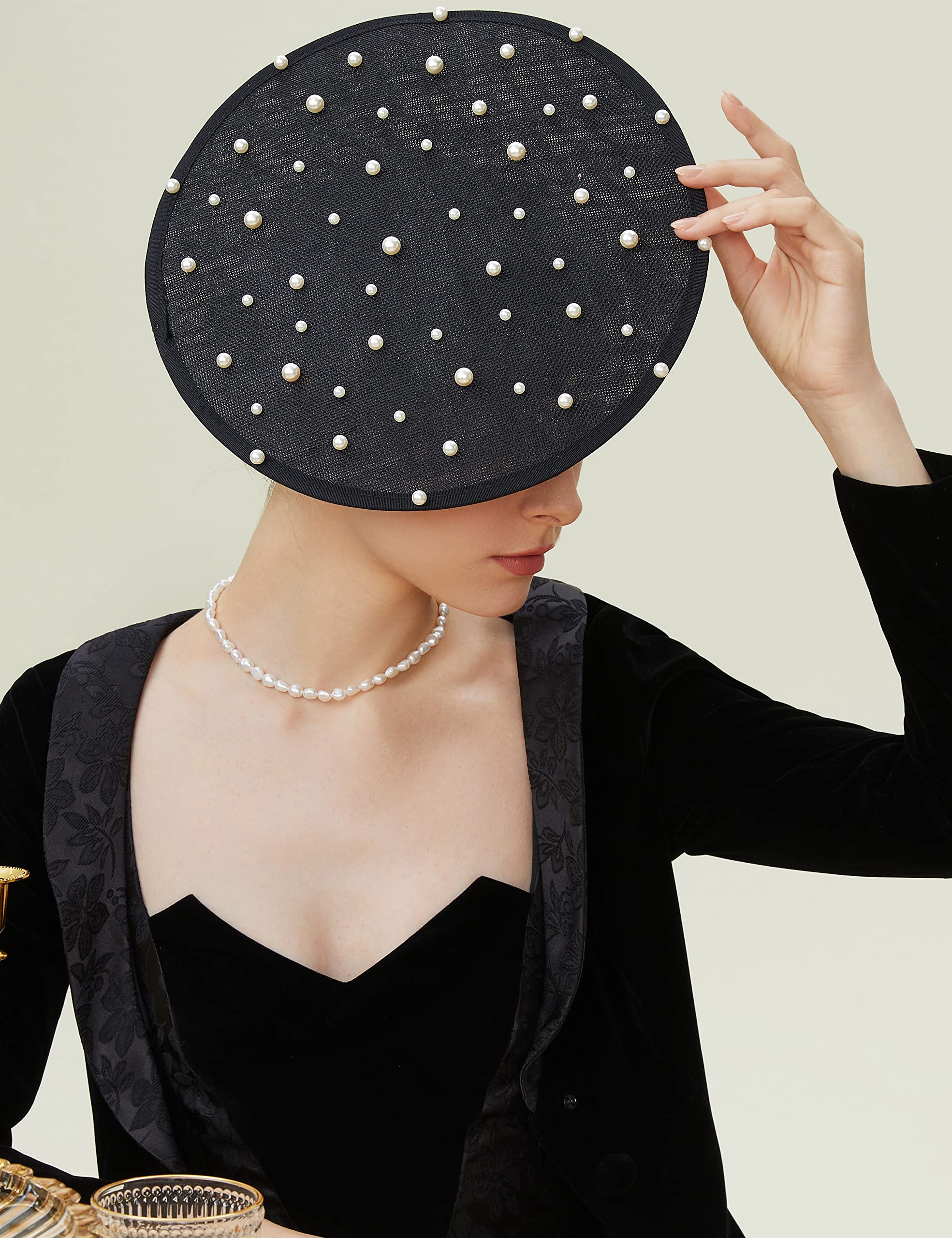 Coucoland Fascinator Hat Cocktail Tea Party Fascinator Headband Flat Kentucky Derby Fascinators for Wedding Black-Pearl