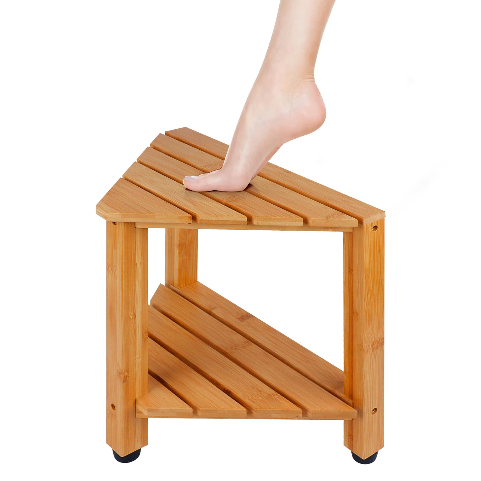 MISSEND Shower Foot Rest 13 in, Wood Shower Stool for Shaving Legs,Corner Bath Shower Bench with Starage Shelf for Inside Small Shower Spaces - Water Resistant