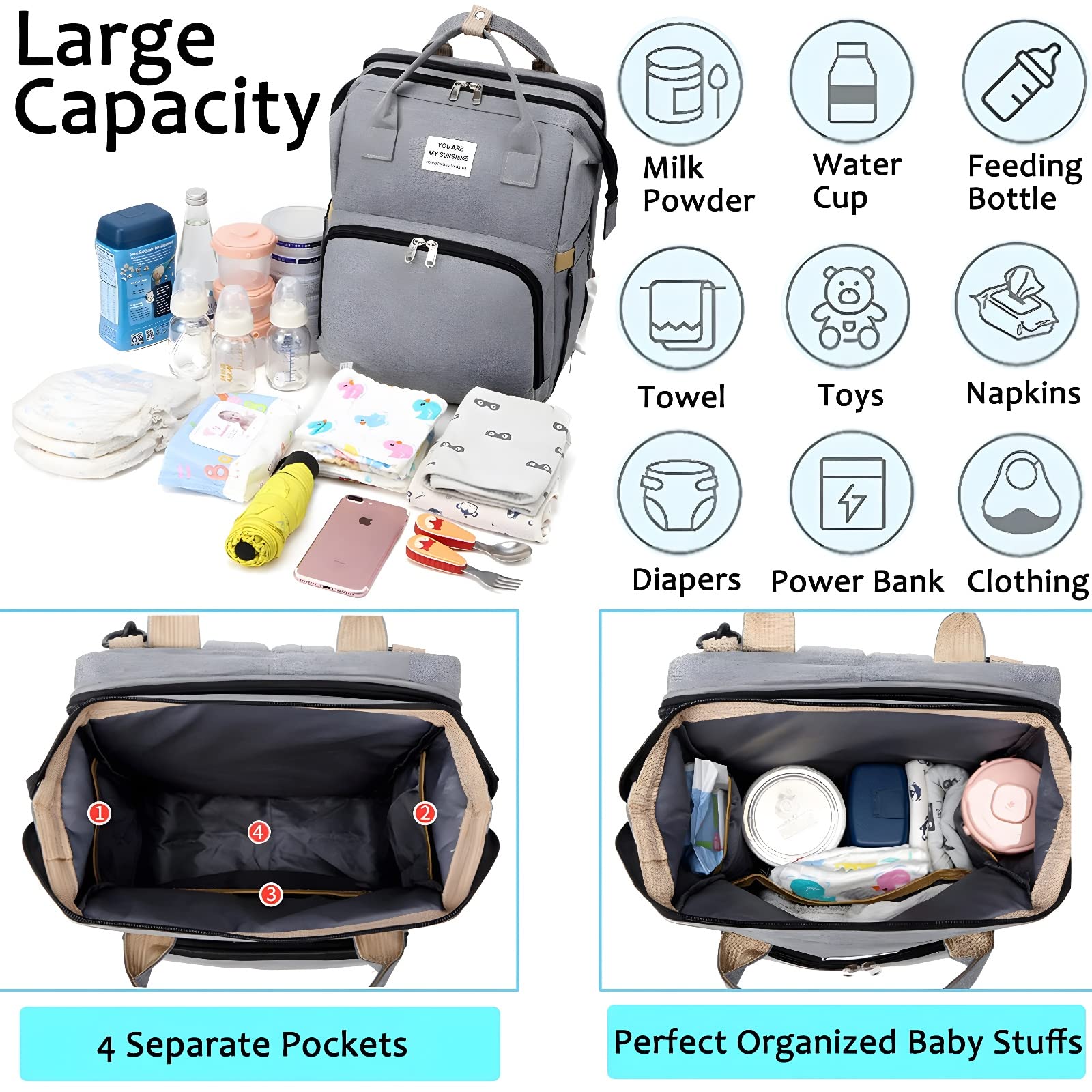 HNG KIANG HU 3 in 1 Diaper Bag Backpack,Multifunction Large Waterproof Diaper Bag with USB Charging Port for Travel (Grey)