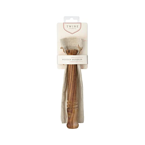 Twine Acacia Wood Muddler, Bar Accessory and Cocktail Drinkware Tool, Kitchen Essential with Jute Storage Pouch, Set of 1, Wood Grain