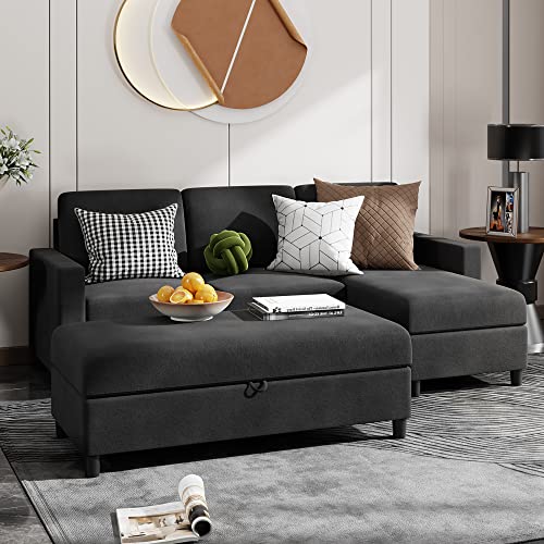 JAMFLY 79'' Sectional Sofa Couch with Storage Ottoman, Living Room Furniture Set Small Deep Convertible Sofa, L-Shaped Couch Wide Reversible Chaise with Linen Fabric (Charcoal Grey)