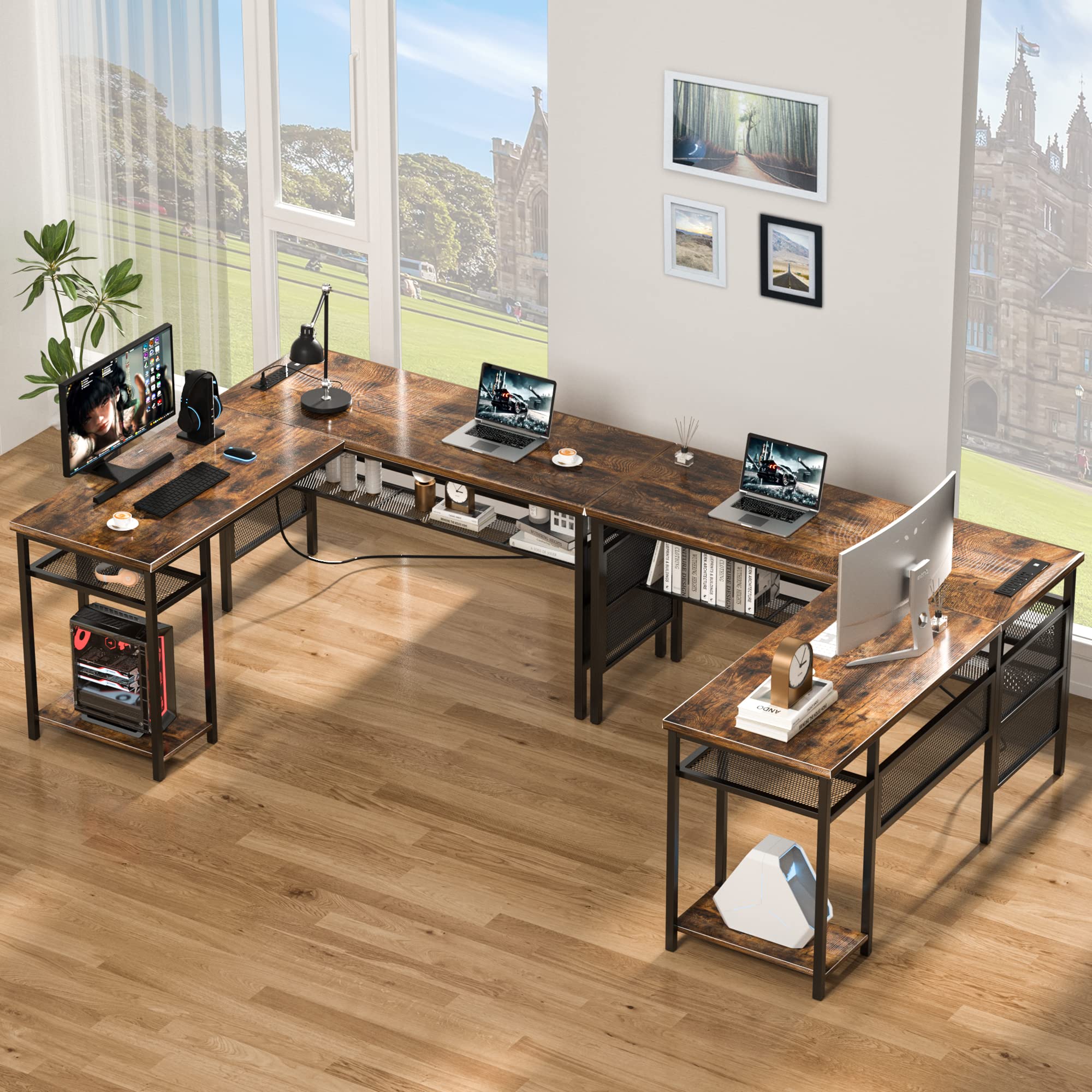 COZY EAGLE L Shaped Home Office Desk with Power Outlet, Computer Desk, Corner Computer Desk with Storage and Drawers, L Shaped Gaming Desk, Corner Desk with Drawers for Small Space, Rustic Brown