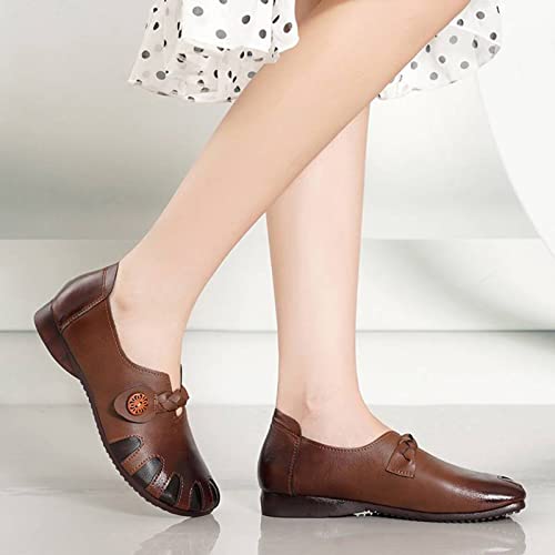 FASDNENDYS Women's Fashion Soft Leather Beef Tendon Soft Bottom Flat Heel Single Shoes Round Toe Four Mens Shoes Size 12 Brown
