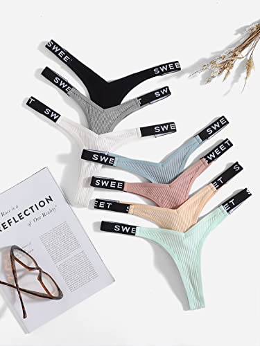 Verdusa Women's Sexy 7Pack Letter Print Tape Panty Sets V Strings Brief Underwear Multicolor M