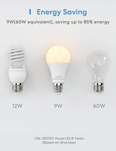meross Smart Light Bulb, Dimmable WiFi LED Bulb Compatible with Apple HomeKit, Siri, Alexa, Google Home, SmartThings, A19 E26 Warm White 2700K, 810 Lumens 9W 60W Equivalent, No Hub Required, 4 Pack
