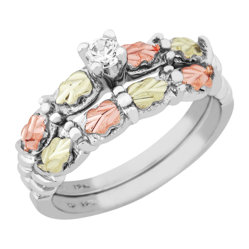 CZ Wedding and Engagement Ring Set, Sterling Silver, 12k Green and Rose Gold Black Hills Gold Motif, Size 6.5