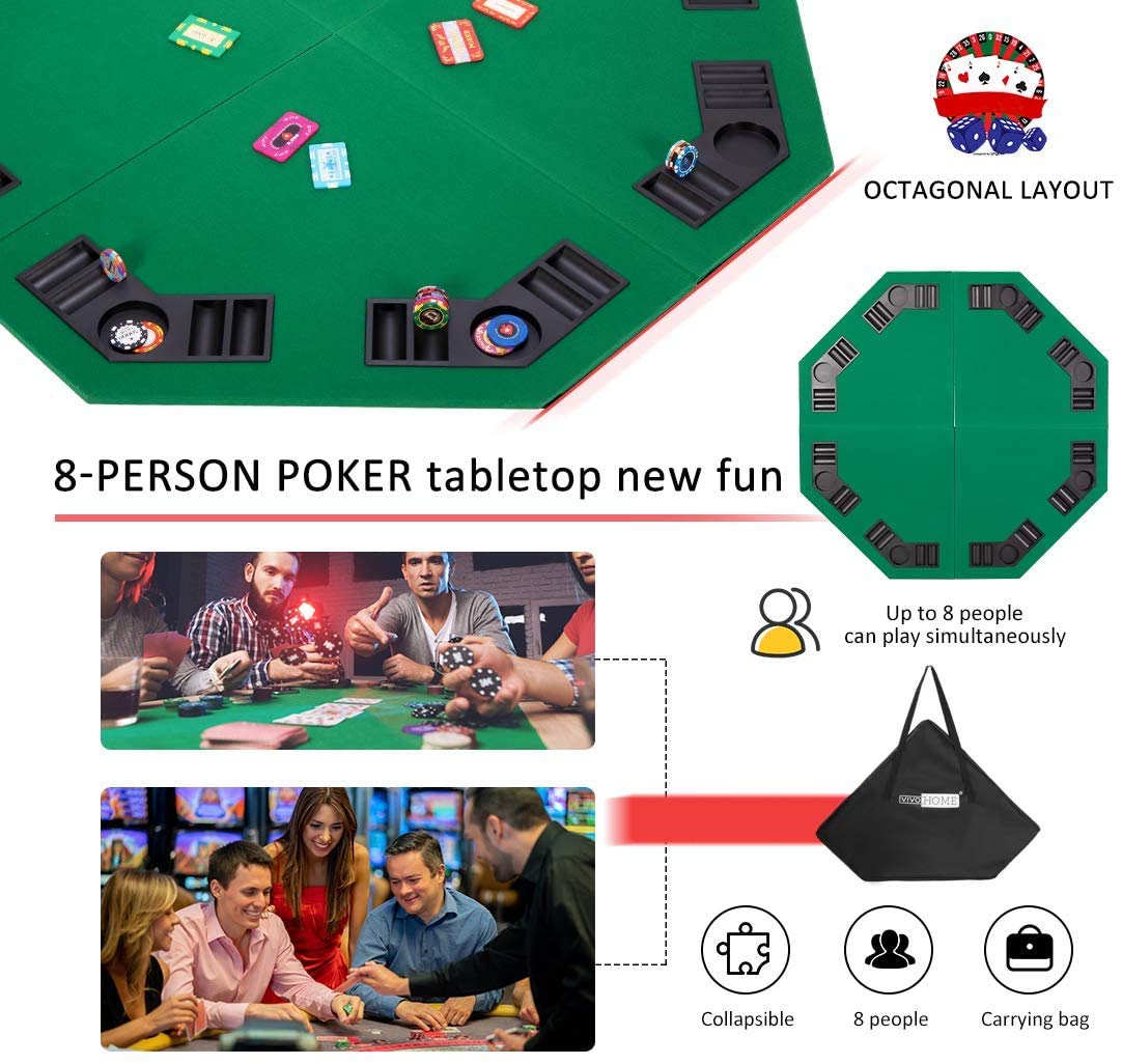 VIVOHOME 48 Inch Foldable 8-Player Texas Poker Card Table Top Layout Portable Anti-Slip Rubber Board Game Mat with Cup Holders and Carrying Bag, Green