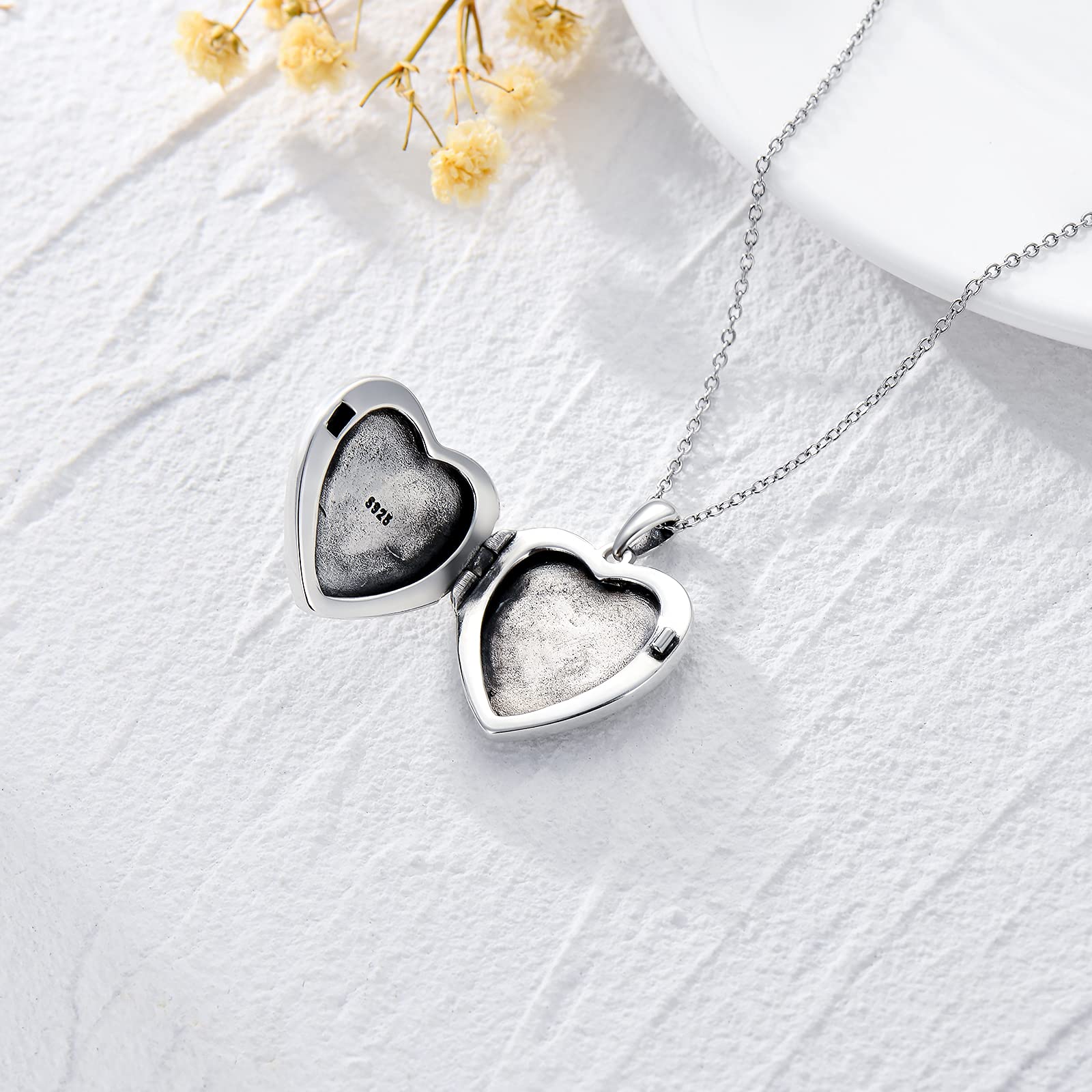 Dorunmo Rose Heart Locket Necklace that Hold 2 Photos 926 Sterling Silver Personalized Customized Rose Picture Locket Pendant Heart Locket Necklace for Women Mom
