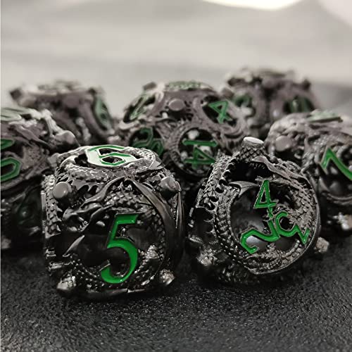 DND Dice Set , Hollow D&D Metal Dice for Dungeons & Dragons Dice Polyhedral MTG RPG Pathfinder Role-Playing Game Table Black Nickel Green