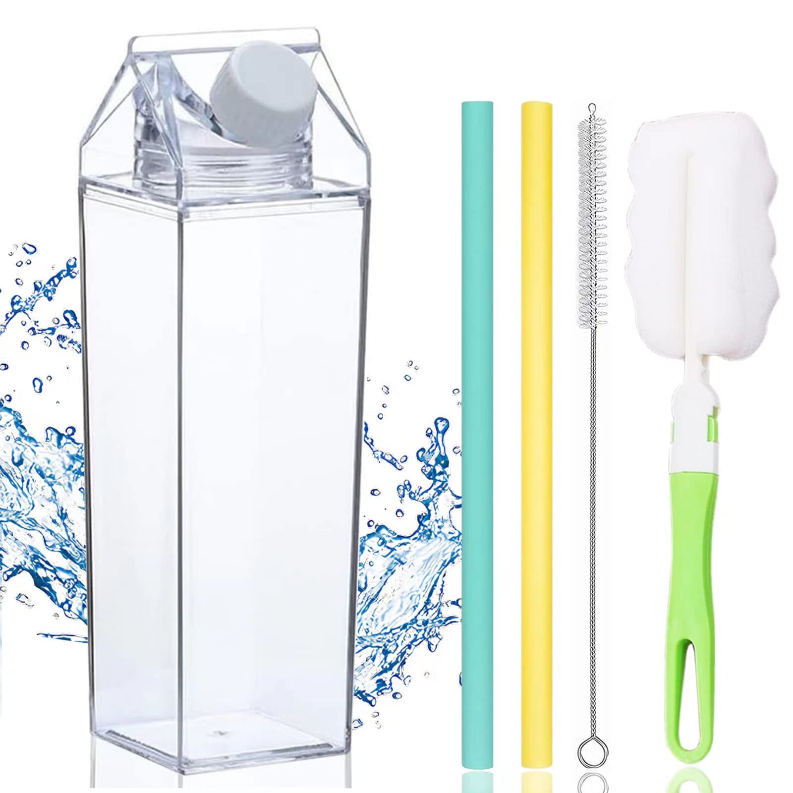 Fanovo 17oz Milk Carton Water Bottle Clear Milk Bottles Transparent Drinking Cup Reusable Creative Eco Leakproof Bottles with 2 Silicone Straws & 2 Cleanning Brushes for Camping Sports Travel