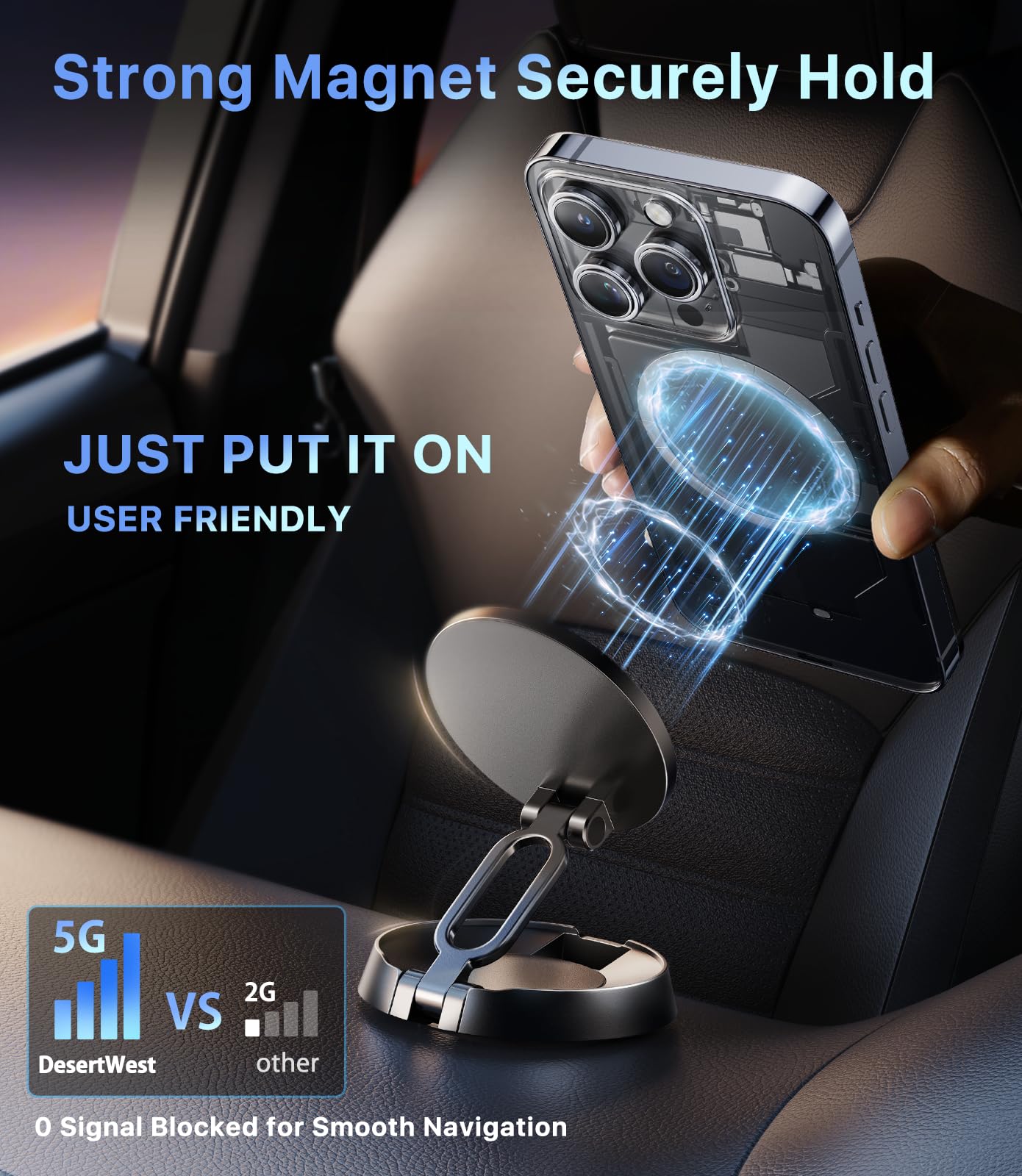 DesertWest Magsafe Car Mount, Industry's First Foldable Magnetic Phone Holder for iPhone 15/14/13/12 Pro Max, All Phones, Matte Black