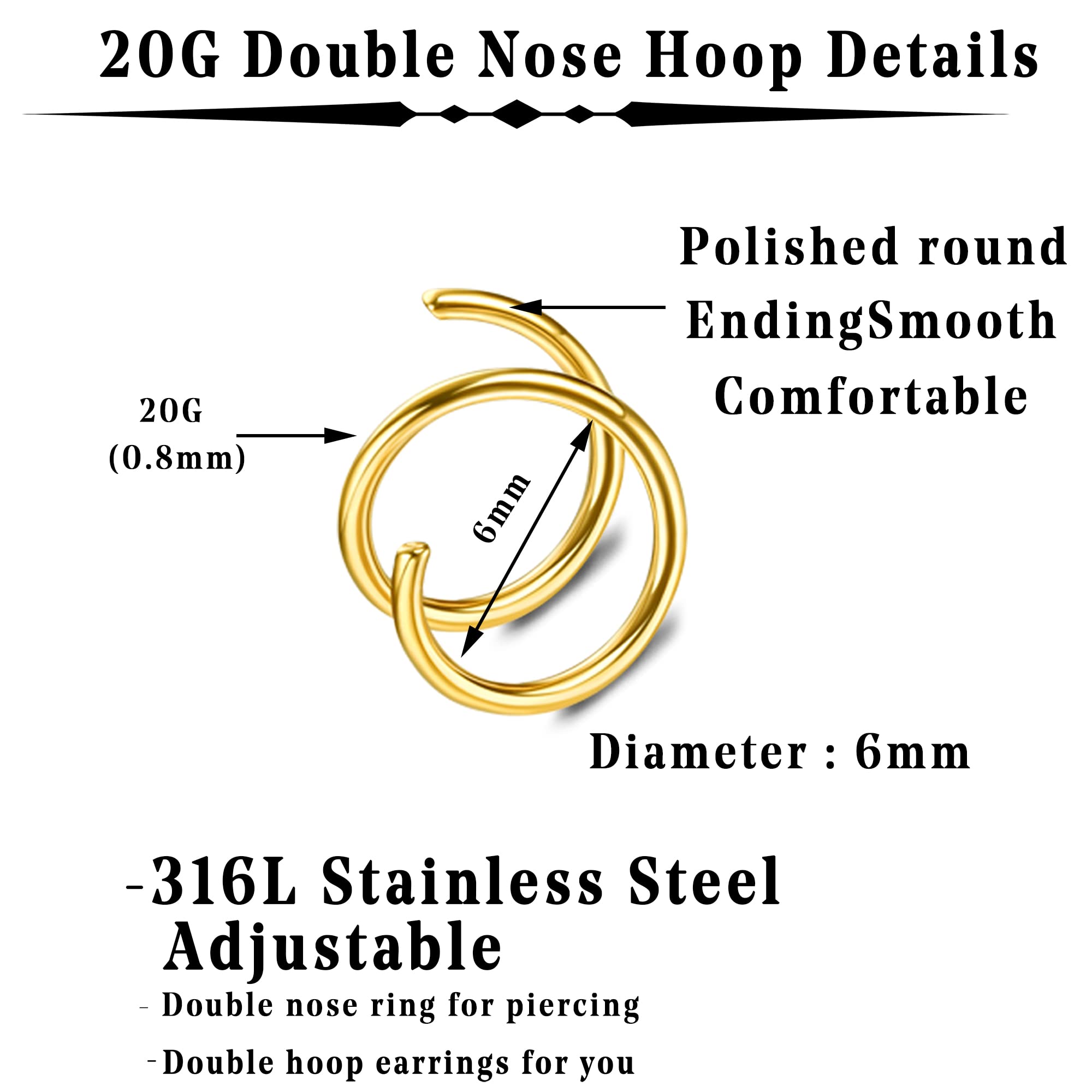 Drperfect Double Nose Ring for Single Piercing 6mm 8mm 10mm Spiral Nose Hoop Stainless Steel Twisted Hoop Nose Ring