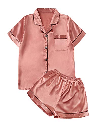 Verdusa Women's 2pc Satin Nightwear Button Front Sleepwear Short Sleeve Pajamas Set Pink S