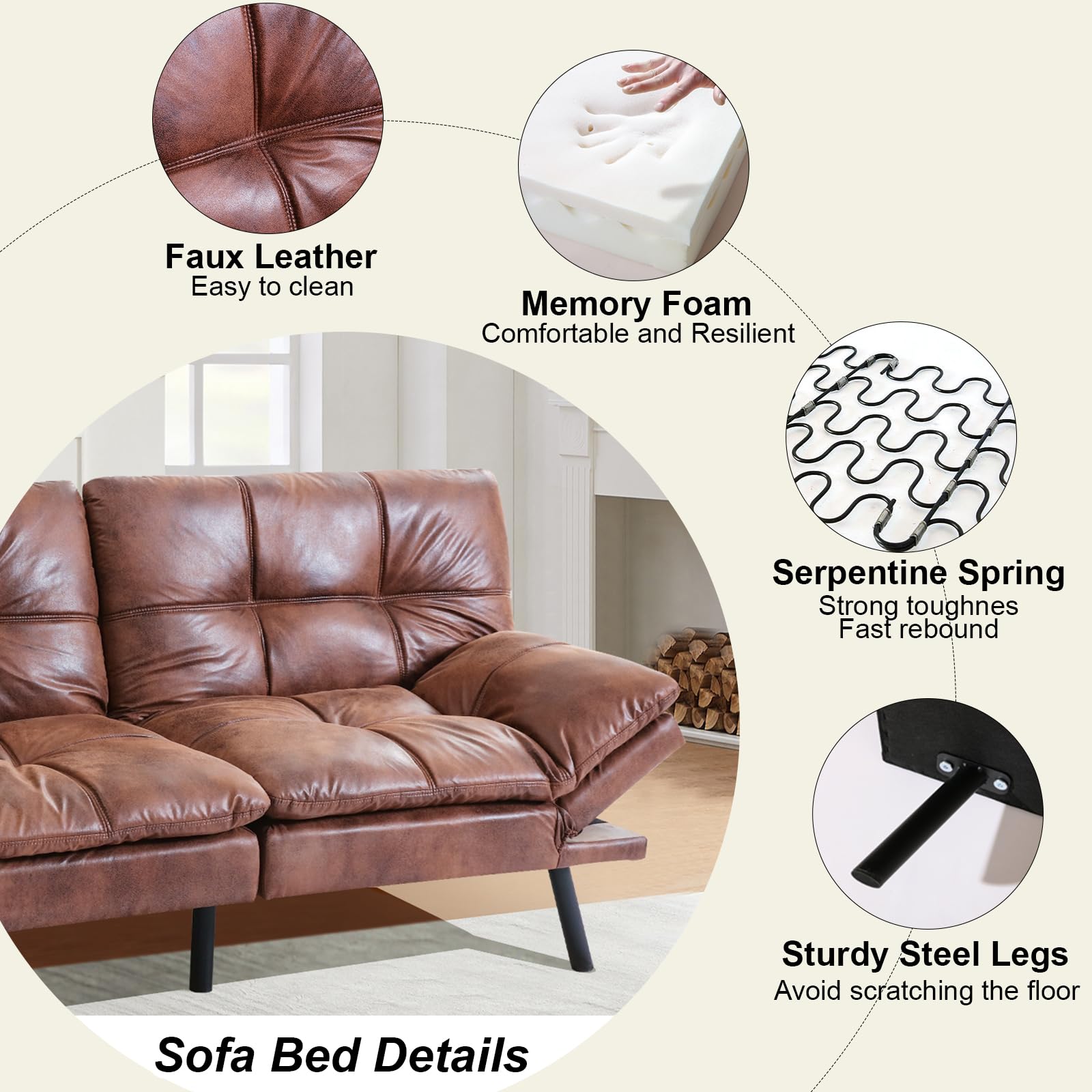 Maxspeed Sofa Bed, Convertible Memory Foam Sofa, Modern Loveseat Sleeper with Adjustable Armrests and Backrest, Faux Leather Futon for Living Room, Office, Small Space, Brown