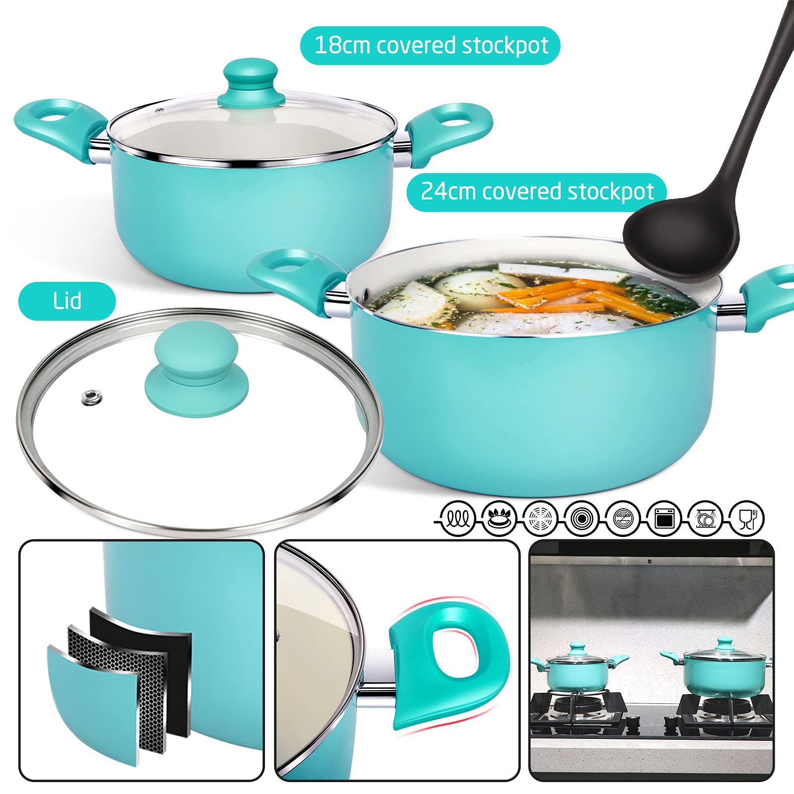Masthome 16 Piece Ceramic Nonstick Cookware Set,Soft Grip Healthy Pots and Pans Set with Lids and Utensils for Kitchen,PFAS-Free, Dishwasher Safe-Tiffany Blue Extra Spoons and Silicone Spatula Set