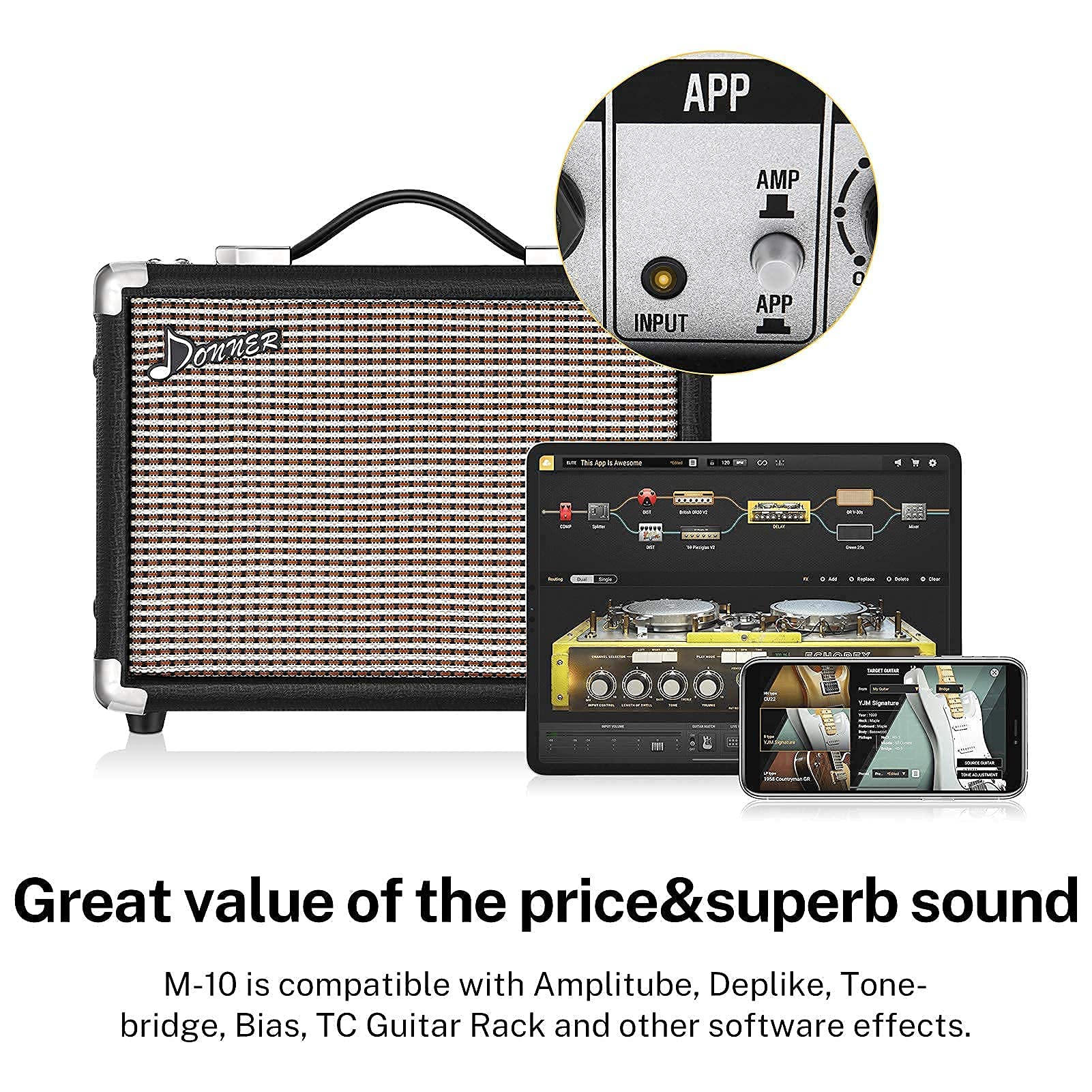 Donner DLP-124B LP Electric Guitar & 10W Guitar Amplifier, Electric Bass Guitar Amp Protable with APP Effector Input for Recording,Acoustic Guitar Combo Practice Amp Protable M-10 with Distortion Tone
