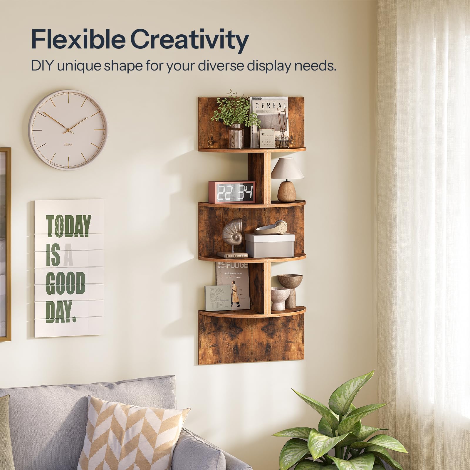 HOOBRO Corner Shelf Wall-Mounted, Set of 2 Floating Corner Shelves, 4-Tier Corner Bookshelves for Wall Decor in Living Room, Bedroom, Bathroom, Home Office, Rustic Brown BF25BJP201