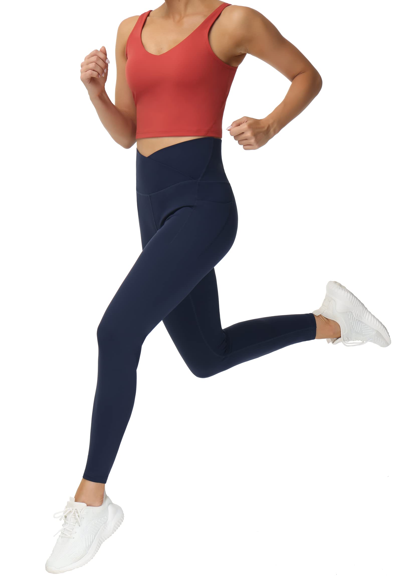 Cross Waist Workout Leggings for Women High Waisted Tummy Control Gym Yoga Pants with Pockets(Blue,Large)