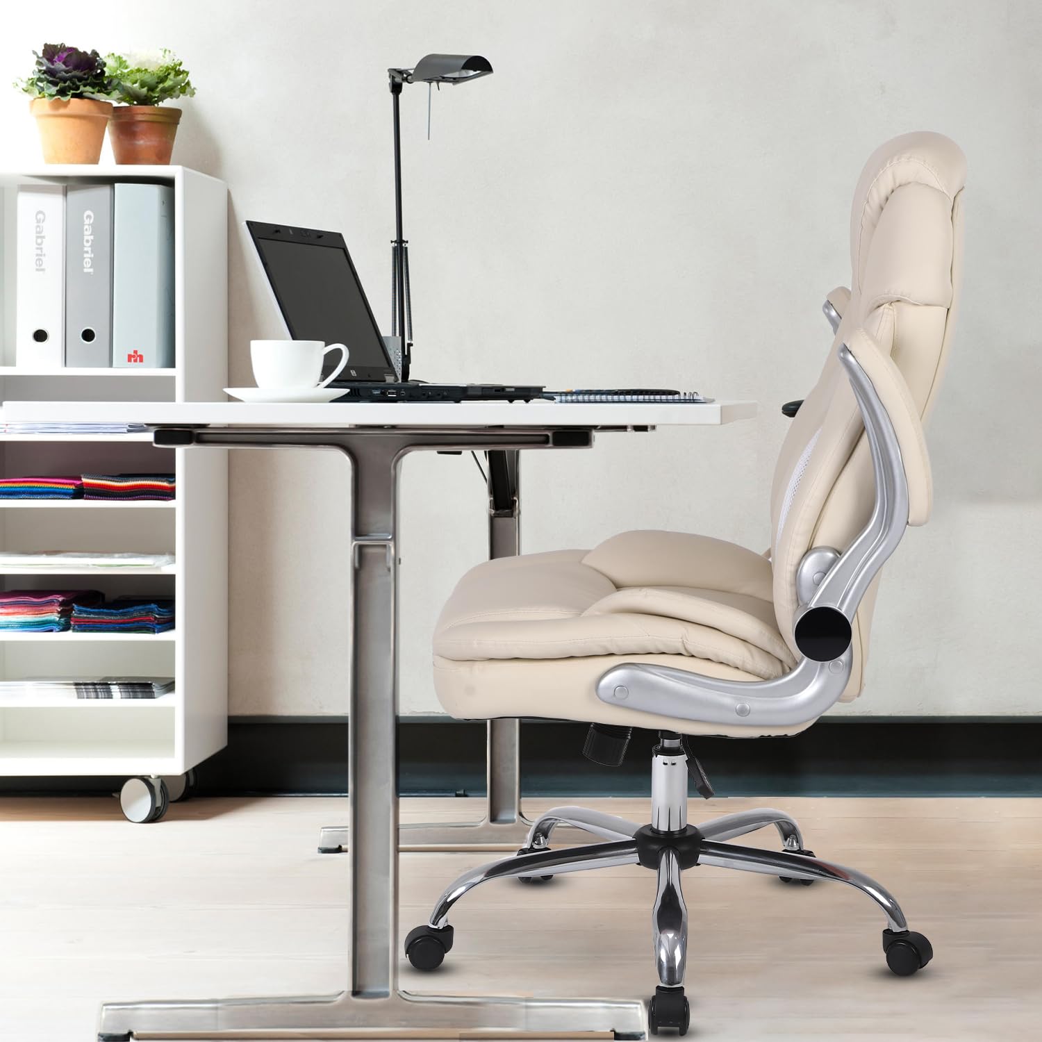 Comermax Executive Office Chairs with Lumbar Support and Flip up Arms Ergonomic Managerial Executive Chair Velvet Desk Chair with Wheels for Home Office (White)