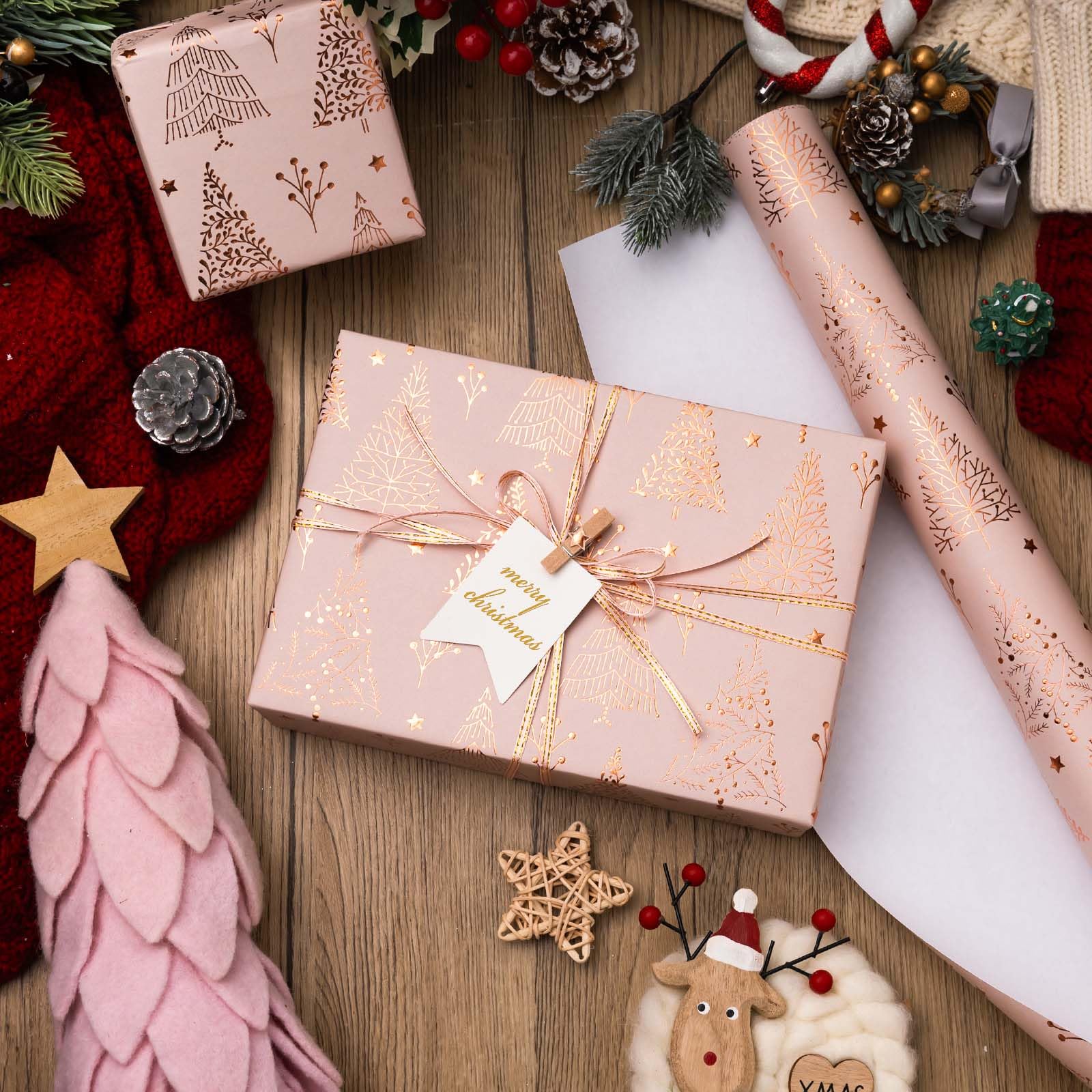 Homeral Christmas Wrapping Paper Roll - 46.8 sq.ft. 3D Embossed Foil Christmas Tree, Star on Rose Gold Pink for Christmas, New Year Celebration, Holiday - 17in x 33ft