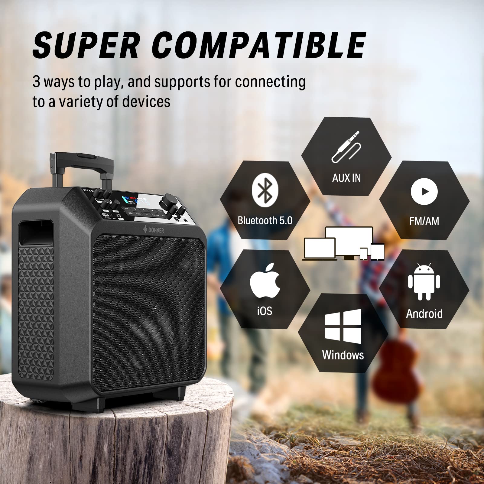 Donner Portable Bluetooth Speaker, PA System Subwoofer for Christmas, Karaoke Machine with 2 Wired Microphones, Supports Voice Changing, Treble/Bass Adjustment, Guitar Input, AUX, FM/AM, USB-Charging