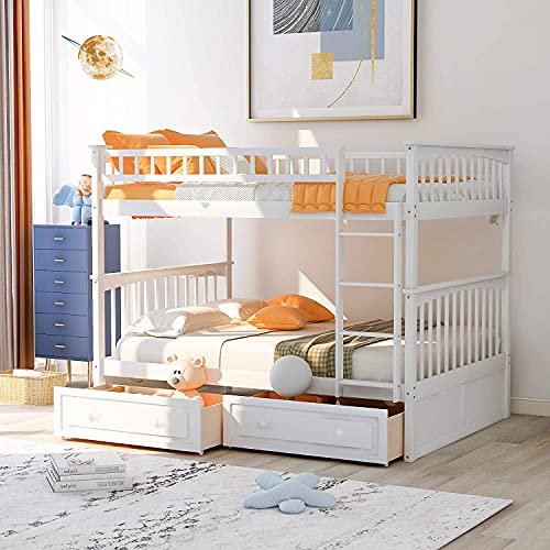 STP-Y Twin Over Twin Bunk Bed, Bunk Bed Frame with Storage Drawers, Wooden Twin bunk Bed with Safety Rail Ladder, Grey (Color : White, Size : Full Over Full)