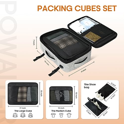 POWAITER Travel Backpack for Women Men, Carry On Backpack Flight Approved Fits 17 Inch Laptop with 4 Packing Cubes for Travel & Business Trip-Gray