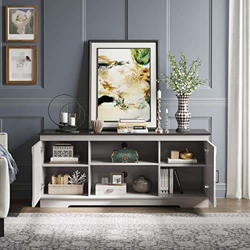 YITAHOME Buffet Cabinet, 59.5β Farmhouse Sideboard Buffet Storage Cabinet with Barn Door Coffee Bar Cabinet with Capacity 300 lbs for Home Dinning Living Room, Grey White/Espresso, 26β Height