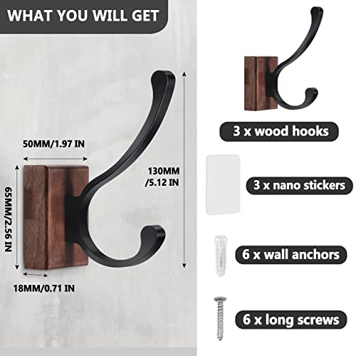 Wood Wall Hooks, 3 Pack Wall Hooks Heavy Duty, Rustic Wood Hooks Wall Mounted, Wall Hooks for Hanging Coat, Towel, Keys, Hat, Umbrella, Bag, Rag and Kitchen Utensils