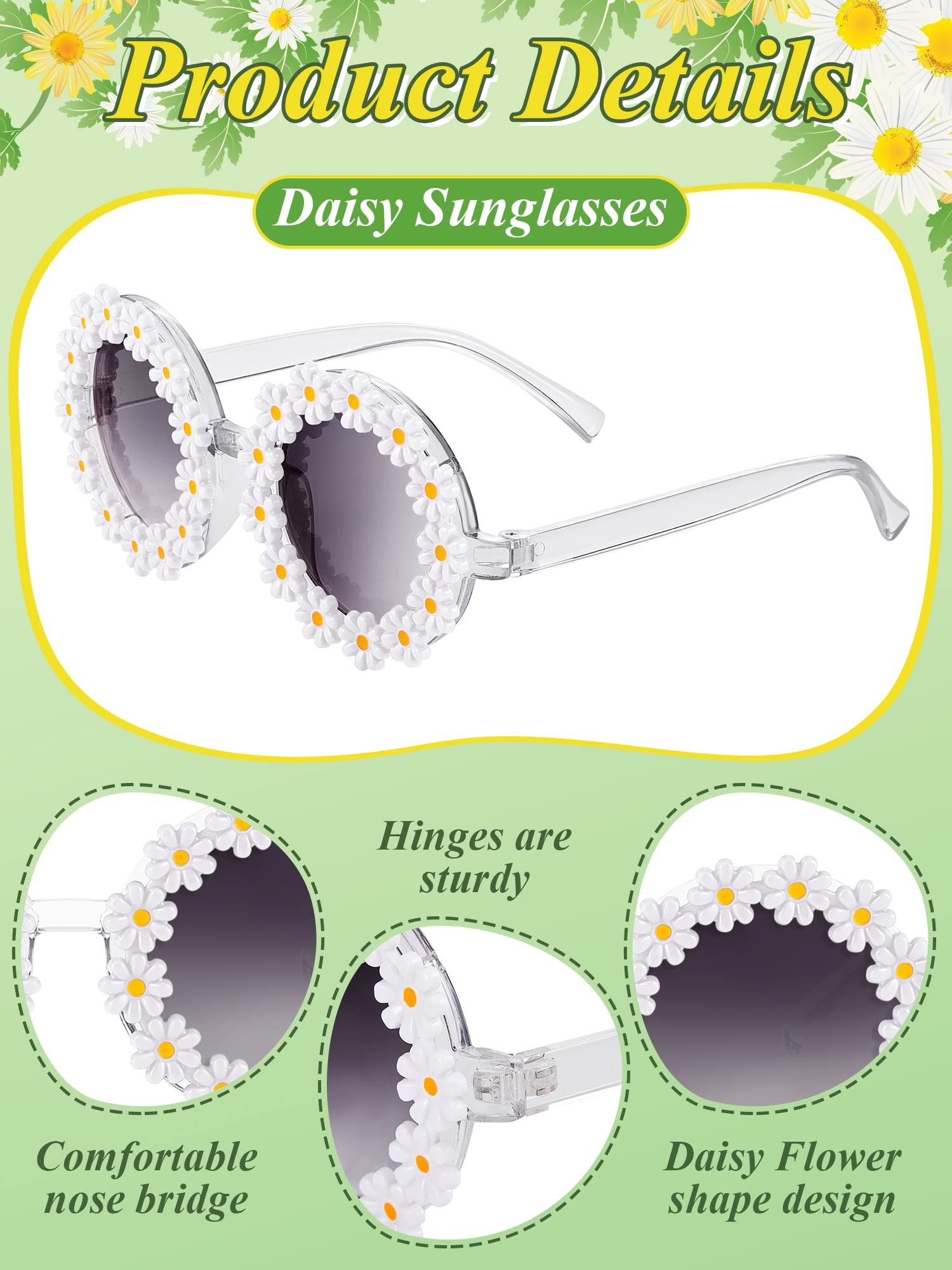 Dunzy 6 Pack Daisy Flower Sunglasses for Women Retro Hippie Round Glasses 70s Disco Groovy Sunglasses for Party Costume Accessories, 6 Colors