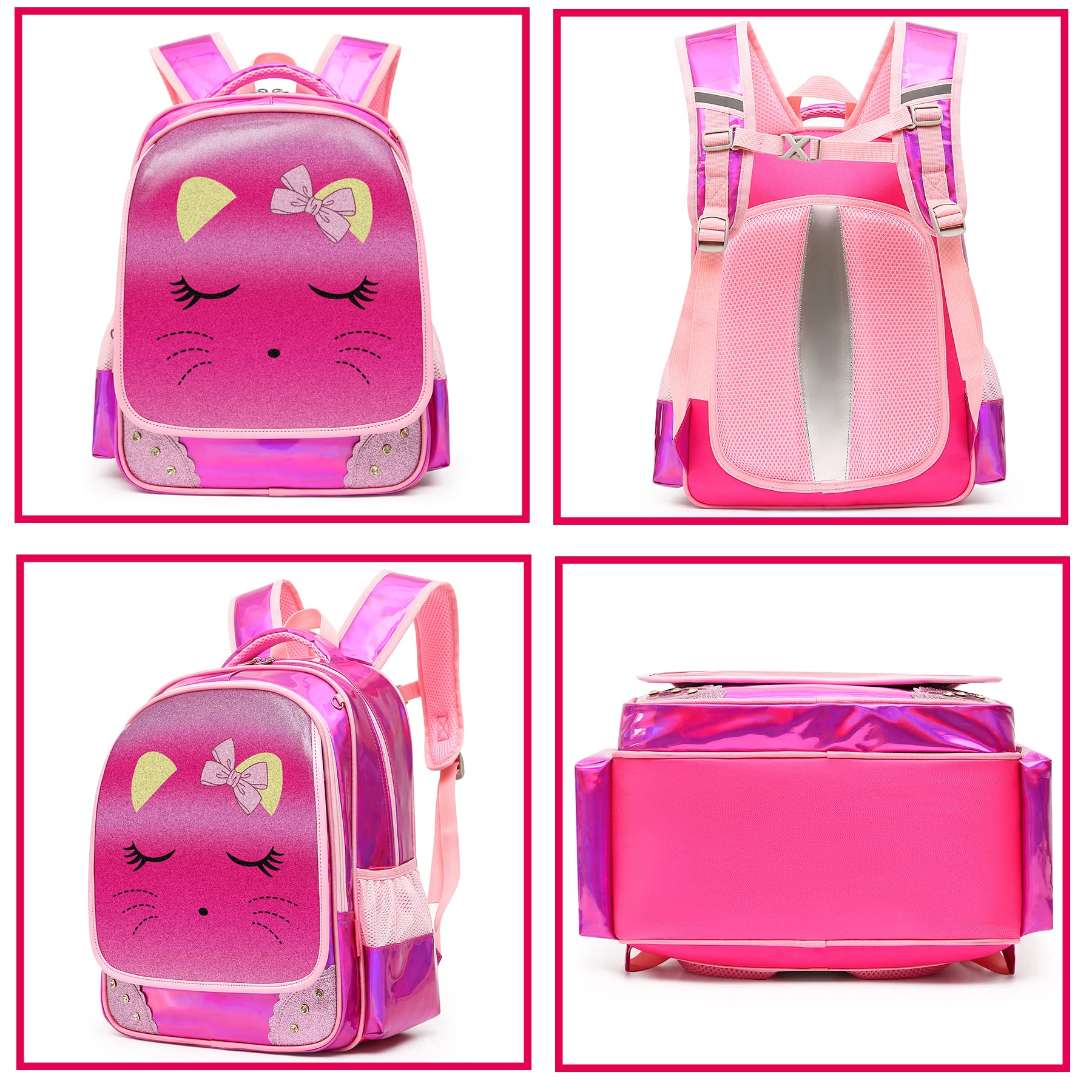 Dorlubel School Backpack for Girls, Kids Backpack Childrenās School Bag Cat face Diamond Glitter BookBags for Elementary (Rose Cat Set)