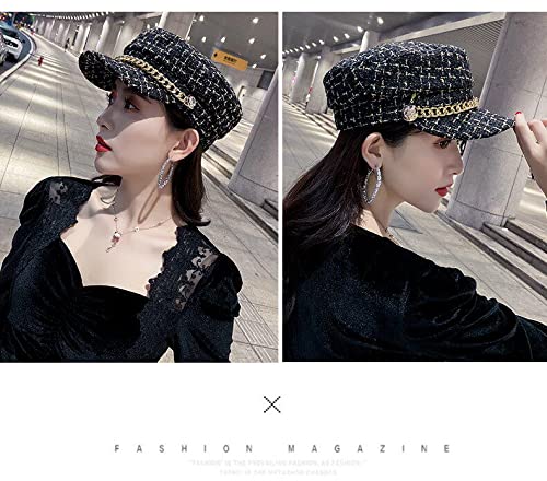 Women Plaid-Tweed Newsboy-Baker-Boy Hat Captain-Sailor Fisherman Hat Peaked-Beret with Chain Black